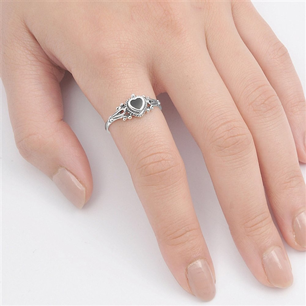 Vintage Heart Simulated Black Onyx Polished Ring New .925 Sterling Silver Band Size 5