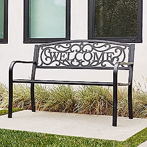 BELLEZE Outdoor Garden Bench, 50 inch Cast Iron Metal Loveseat Chairs with Armrests for Park, Yard, Porch, Lawn, Balcony, Backyard, Antique Patio Seat Furniture Welcome Design, Black