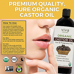 Viva Naturals Organic Castor Oil, 16 fl oz - Cold Pressed Castor Oil for Skin, Hair and Lashes - Traditionally Used to Support Hair Growth - Certified Organic & Non-GMO - Includes Beauty Kit