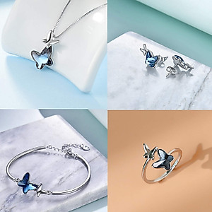 AOBOCO Morpho Helena Butterfly Necklace Sterling Silver Women Necklace with with Crystals from Austria, Fine Anniversary Birthday Butterfly Jewelry Women Her Wife(Blue)