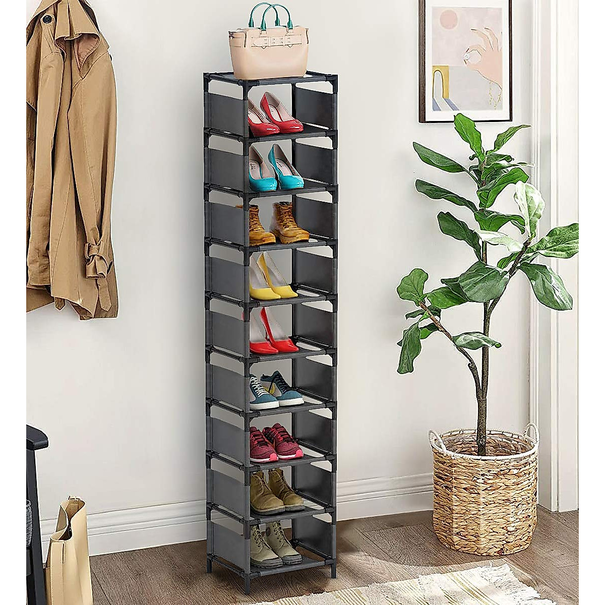 barsone 10 Tier Shoe Rack, Shoe Organizer Storage Shelf Stand Tower Stackable Shoe Rack, Space Saving Shoe Shelves for Closet Entryway Hallway Apartment Garage(Black)