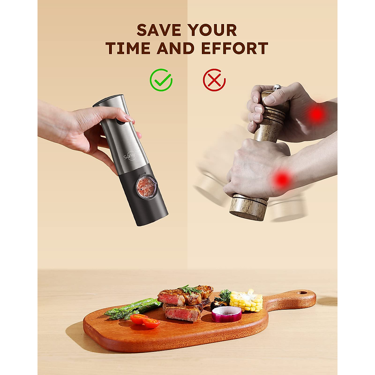 Sangcon Electric Salt and Pepper Grinder Set, Automatic Pepper Mills with LED Light, Battery Powered Salt and Pepper Shakers with Stand, Adjustable Coarseness, One-Handed Operation, Stainless Steel