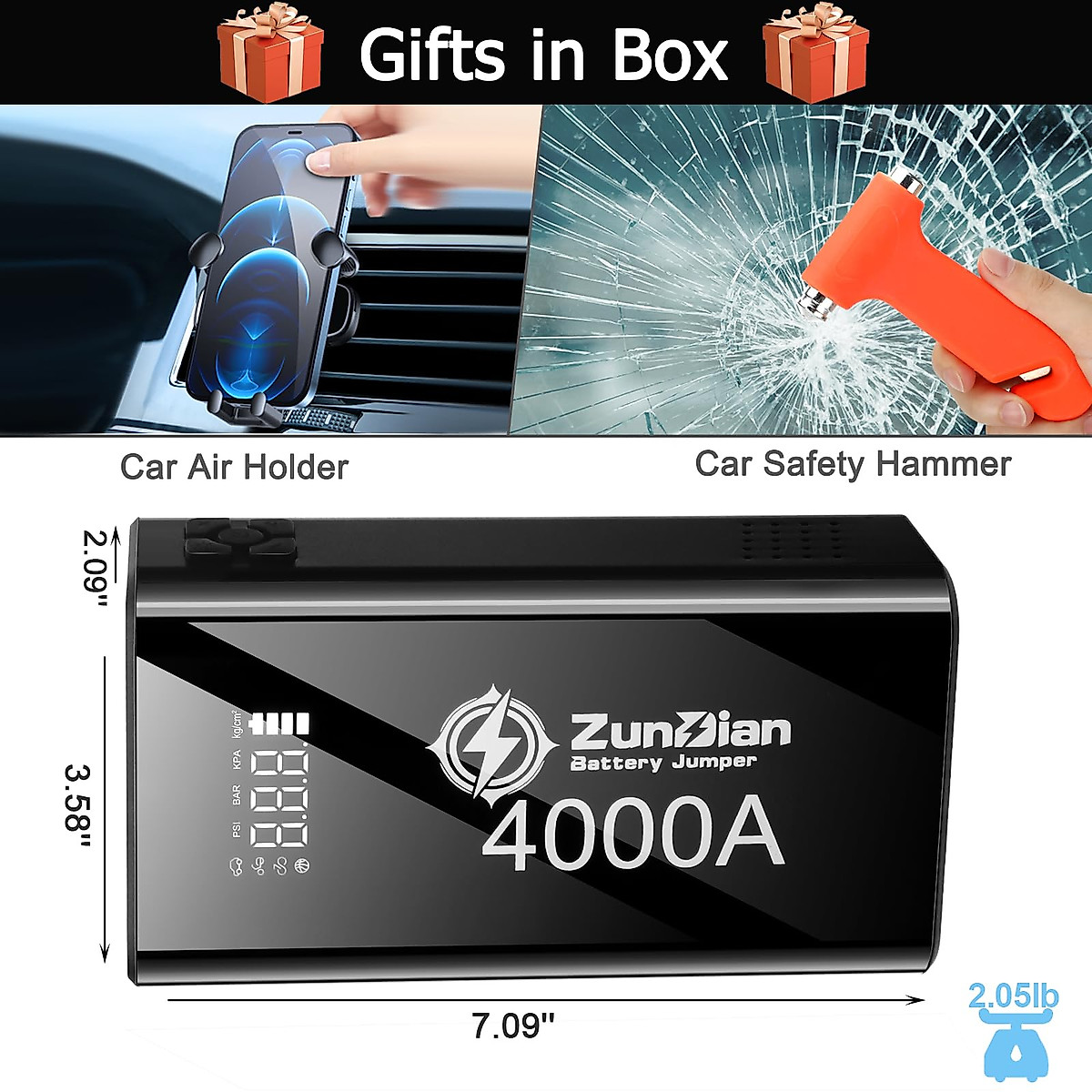 Jump Starter, 4000A Battery Jumper Charger 150PSI Air Compressor, Portable Jump Starter, 12V Lithium Jump Box Battery Power Pack(10.0L Gas/8.0L Diesel), Jumper Cables, QC 3.0, Flashlight, LCD Display