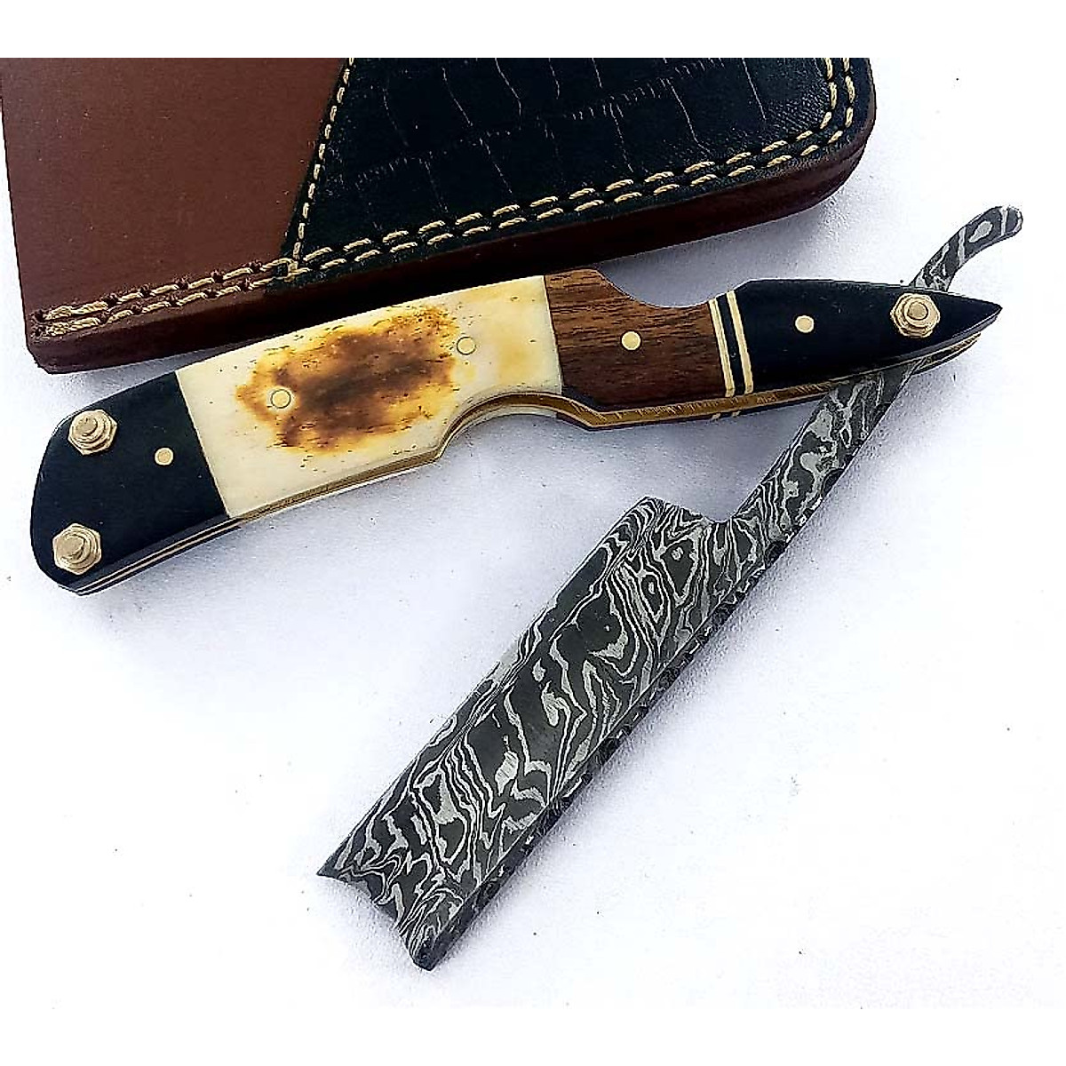 Damascus Steel Straight edge Razor Barber Salon Shaving wet shave real leather sheath for men SM151