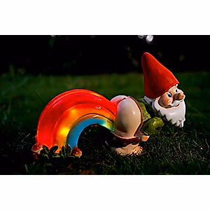 UDDDSR Garden Gnome Statue, Funny Gnome Figurine with Rainbow Solar LED Lights for Garden Patio Yard Art Decoration, Outdoor Lawn Ornaments, Housewarming Funny Garden Gifts - 14"