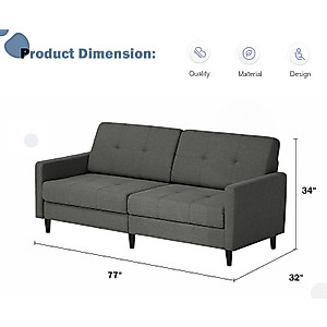 Lesofair 77" Linen Fabric Sofa Bed with Adjustable Backrests, Convertible Loveseat Sofa, Modern Sleeper Couch with Wooden Legs for Living Room, Bedroom, Dark Grey