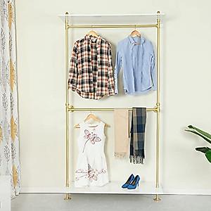 WFDERAN Industrial Clothing Store 2-Tier Pipe and Wood Garment Rack,Wall Mounted Storage Clothes Shoe Bag Hanging Shelves,Retail Shop Clothes Display Stands (Gold, One Pipe Shlef, 47.2" L)
