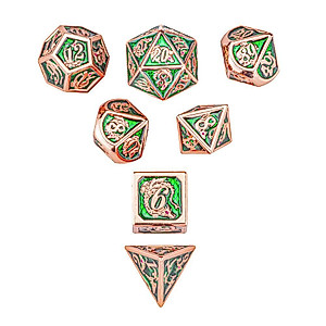 HYMGHO DND Dice Set Copper Dragon dice Enamel Green zamak with dice Box D&D Polyhedral Dice for Dungeons and Dragons dice Trpg 7 Pieces die Tabletop Games Board Gaming dice Vault