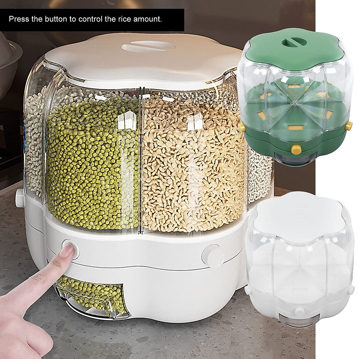 Rice Dispenser Box, 6 Compartments Rotating Grain Container Large Capacity Grain Storage Box Home Kitchen Separate Rice Bucket Dry Food Dispenser for Rice, Millet, Barley, Beans (White 9kg / 19.84lb)