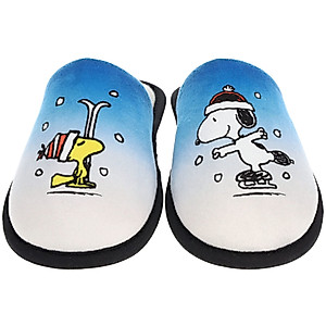Peanuts Family Slippers, Mismatch Holiday Scuff Snoopy & Woodstock, Blue