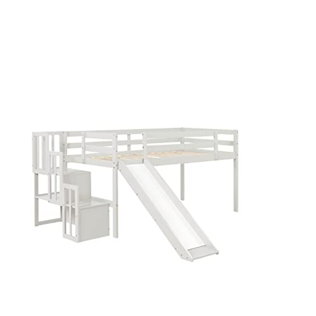 DEYOBED Low Loft Bed with Stairs and Slide - Wood Twin Bed Frame for Kids - Ideal for Boys and Girls - White