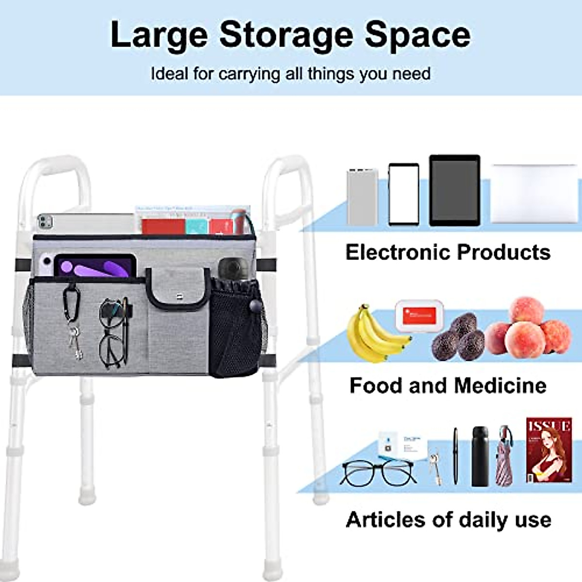 TYTCA Large Walker Bag Walker Basket Hand Free Storage Bag Folding Walker Attachment Handicap Basket Pouch for Large Capacity Organizer for Seniors Elderly (Grey)