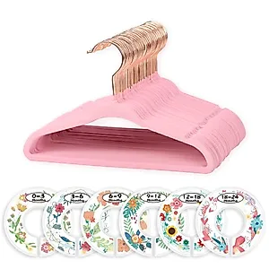 Rose Gold Baby Velvet Hangers 30 Pcs & 6 Closet Organizer Dividers, Non-Slip Kids Hangers, Pink