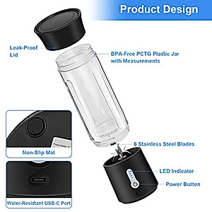 Personal Size Portable Blender - 17Oz USB Rechargeable Blender with 6 Blades | Portable Cup Lid For Outdoors Sports Travel Blender | BPA-Free Plastic Blender Cup For Shakes and Smoothies, Fresh Juice