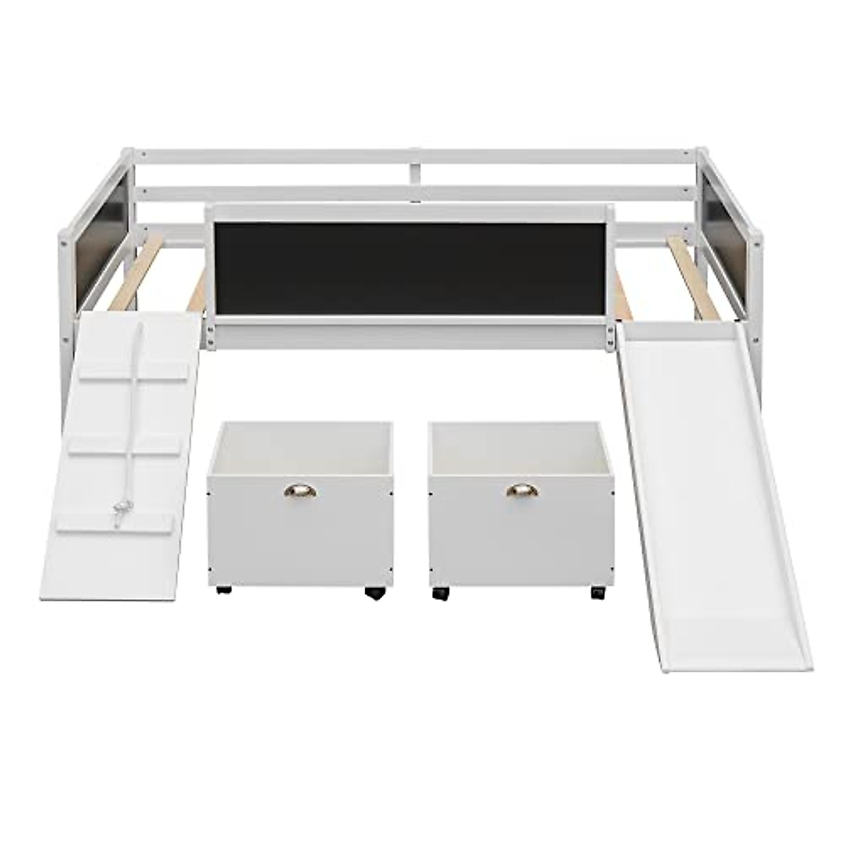 CITYLIGHT Low Loft Bed with Slide,Wood Twin Loft Bed for Kids,Loft Bed Twin with 2 Toy Boxes and Decorative Guardrail Chalkboard, Junior Loft Bed Frame for Girls Boys Toddler,White
