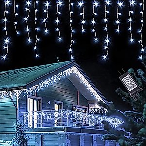 HISHINY LED Icicle Christmas Lights Outdoor,400 Led 32ft 8 Mode Clear Wire Icicle Lights String with 75 Drop,Plug in Extendable Christmas Lights for Garden Decoration, Festival, Holiday(Cool White)