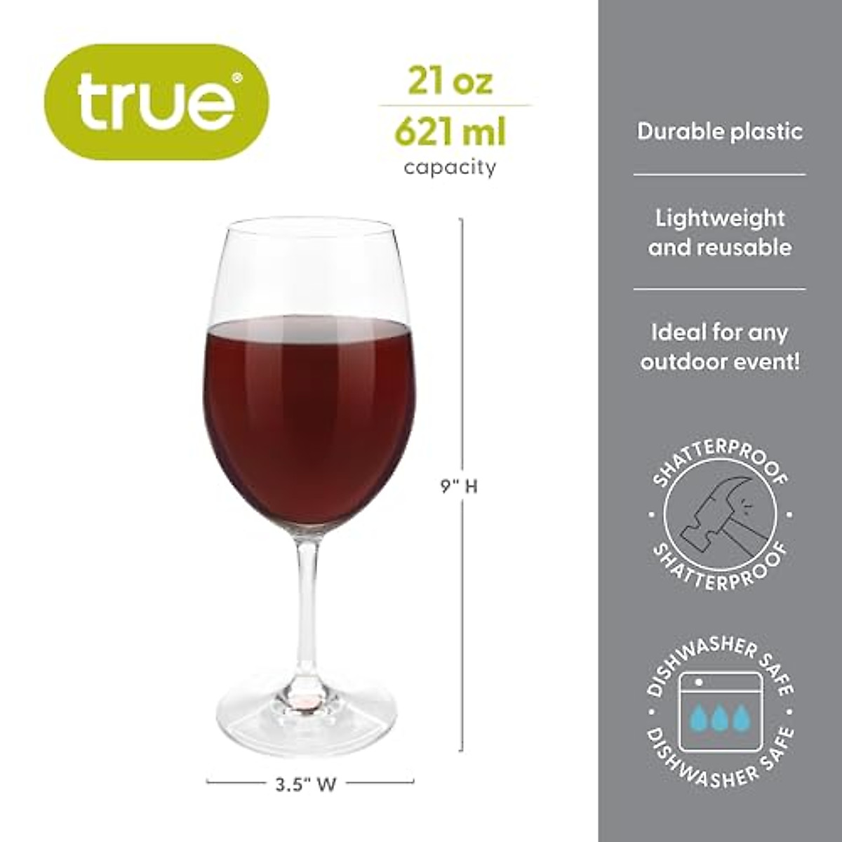 True Unbreakable Wine Glasses, Clear Plastic Cups, Shatterproof Glass Cup for Wines, Wedding, Anniversary, Birthday Party, Picnic and Outdoors, 21 oz, Set of 1