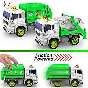 Gizmovine Garbage Truck Toys, 2 Pack Trash Truck Toys with Light and Sound, Friction-Powered Back Dump Garbage Recycling Truck Toy Set with 4 Trash Cans, Gift for 3+ Years Old Kids Boys Girls
