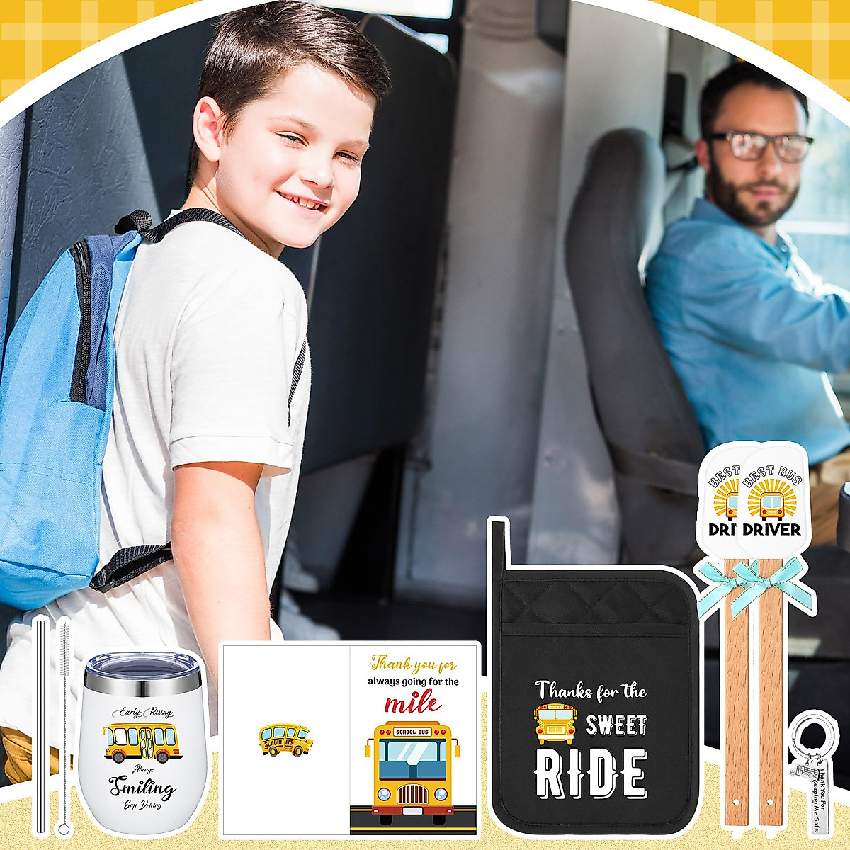 6 Pcs Bus Driver Appreciation Gifts School Bus Tumbler Cup with Keychain Bus Driver Pot Holder with Pocket Heat Resistant Oven Pads Silicone Spatula Rubber Greeting Card for Bus Driver Teacher Gifts