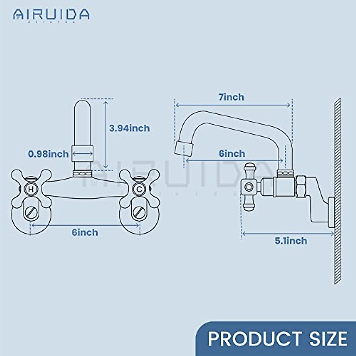 Airuida Matte Black Wall Mount Kitchen Faucet, 6 Inch(15cm) Spout Wall Mount Laundry Sink Faucet, Adjustable Center Double Handles Hot and Cold Water Mixer Tap 360 Rotatable Restaurant Faucet