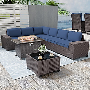 Rwnnad Patio Furniture Set Sofa 7-pcs Wicker Sectional Sofa Set with 55,000 BTU Gas Fireplace Table,Outdoor Furniture Rattan Sets with Tempered Glass Coffee Table