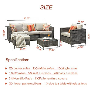XIZZI Patio Furniture Sets Outdoor Sectional Sofa,No Assembly Required 6 Pieces Big Size Aluminum Conversation Set with 2 Pillows and Furniture Cover,Grey Wicker Beige Cushion