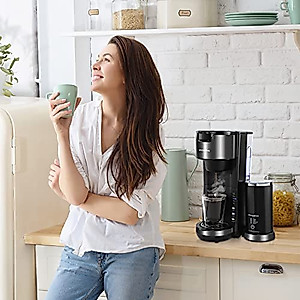 Single Serve Coffee Maker with Milk Frother, 2-In-1 Cappuccino Coffee Machine for K Cup Pod and Ground Coffee, Single Cup Brewer Compact Latte Maker with 30 oz Detachable Reservoir, Black