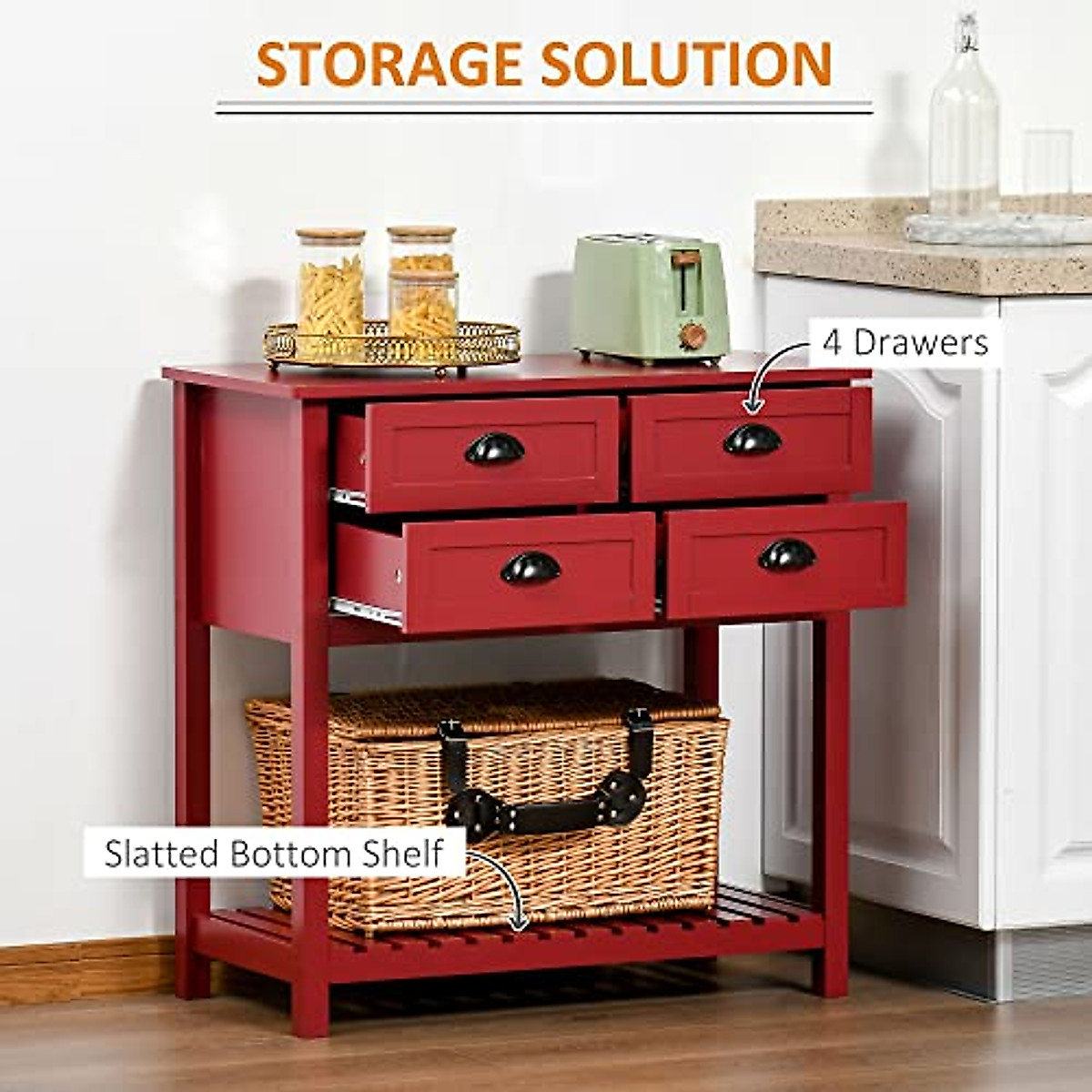 HOMCOM Coffee Bar Cabinet, Sideboard Buffet Cabinet, Kitchen Cabinet with 4 Drawers and Slatted Bottom Shelf for Kitchen, Living Room, Red