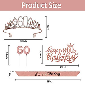 60th Birthday Gifts Decorations for Women - Birthday Cake Topper, Balloons, Birthday Queen Sash with Pearl Pin, Tiara Crown and Candle Set, Rose Gold, Rose Gold (60th)