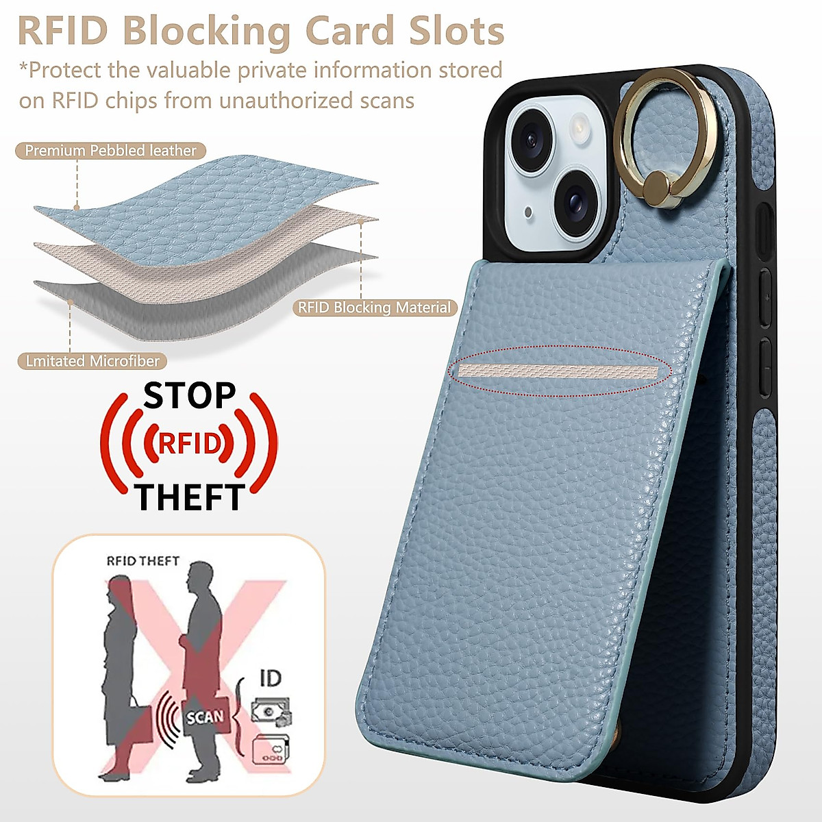 Keallce Case for iPhone 13 6.1'', Detachable Crossbody Case Wallet with RFID Blocking Card Holder, 360?Ring Stand, Folio Leather Phone Cover Shoulder Lanyard Strap Lady for iPhone 13 2021 5G, Blue