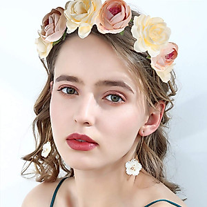Flower Headband Rose Floral Boho Wreath Garland Hair Hoop Bohemian Headdress Headwear Headpiece Women Girls Crown Leaf Hair Bands Party Decoration Cosplay Costume Handmade Hair Accessories Champagne