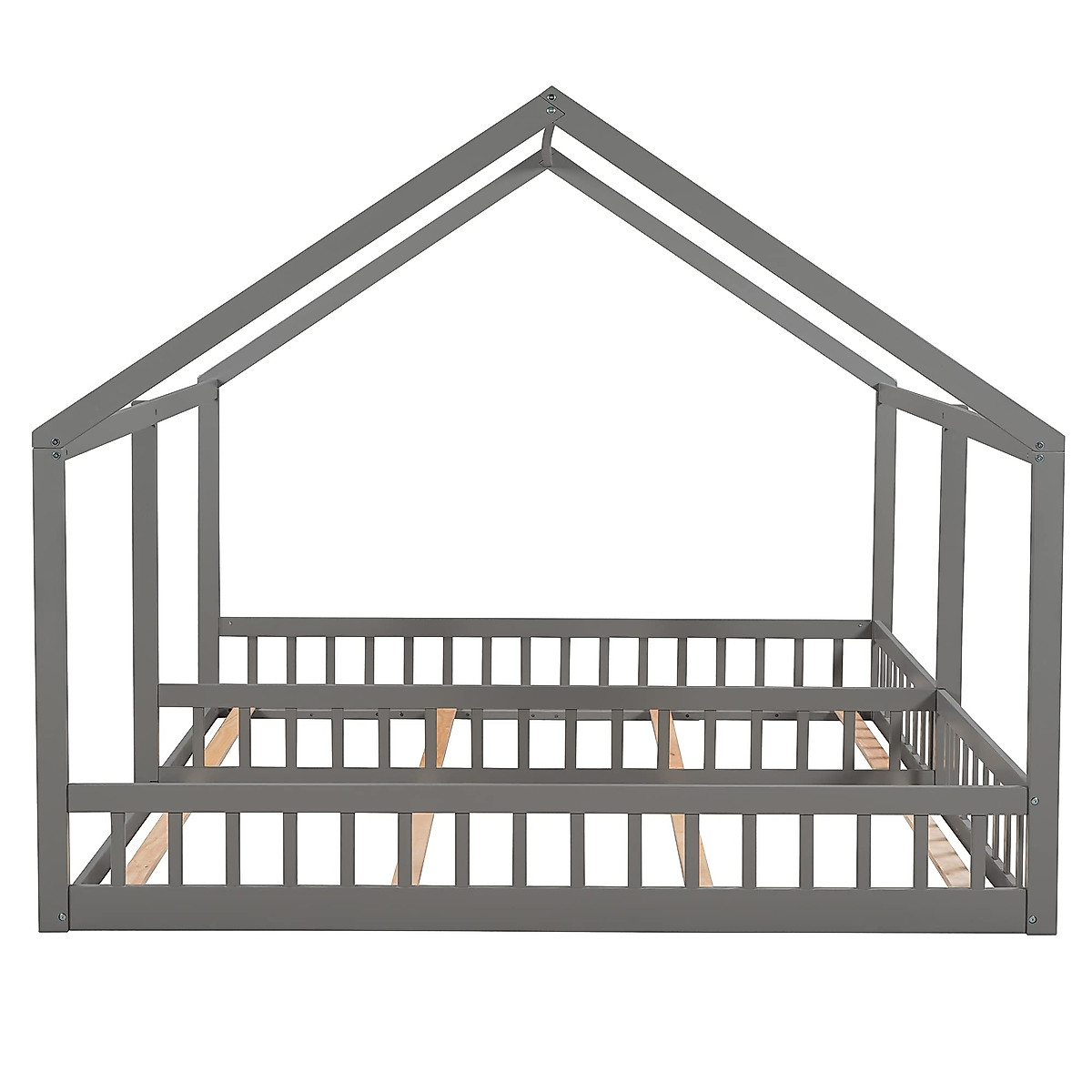 P PURLOVE Twin Double Bed for 2 Kids,Double Twin Size Shared Bed with Fence Railings,House Floor Bed Frame Twin Size with Roof or Kids,Teens,Boys & Girls,Gray