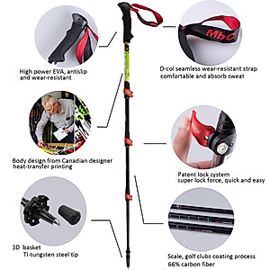 MBC Carbon Fiber Trekking Pole 4 Section Quick Lock System Ultralight Walking Sticks for Hiking Walking and Camping
