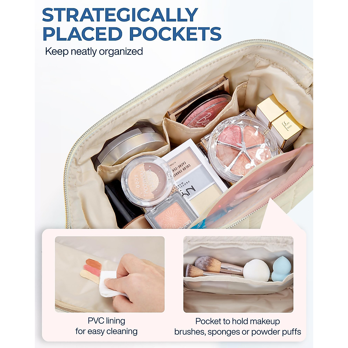 BAGSMART Makeup Bag Cosmetic Bag Wide Open, Beige, M, Wide-open Travel Makeup Bag With Puffy Padded and Rectangular Quilted