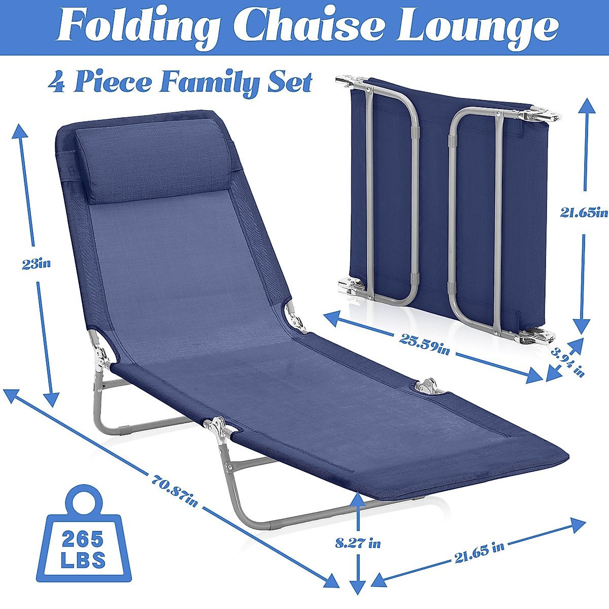 Suzile 4 Pack Folding Chaise Lounge Chair Tanning Chairs with Adjustable 5 Position and Pillow Waterproof Breathable Mesh Steel Frame Pool Sun Tanning Chair for Beach Yard Patio Lawn(Navy Blue)