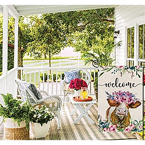Spring Welcome Cow with Flowers Garden Flag for Outdoor Small Yard Flag for Outside Seasonal Decor for Summer Farmhouse Holiday 12x18 Inch Double Sided