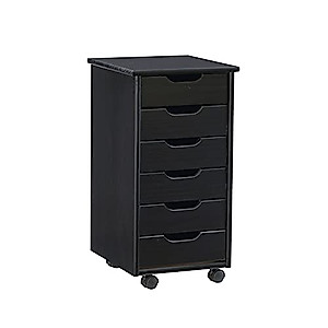 Pemberly Row Mid Century Six Drawer Wood Rolling Storage Cart in Black