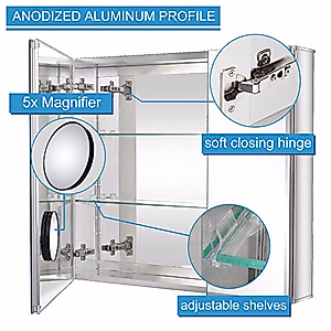 Fundin Bathroom Mirror Medicine Cabinet Aluminum Storage Cabinet 30 x 26 inch Beveled Edge Frameless Double Sided Mirror Door Recess or Surface Mount with 5X Magnifying Makeup Mirror