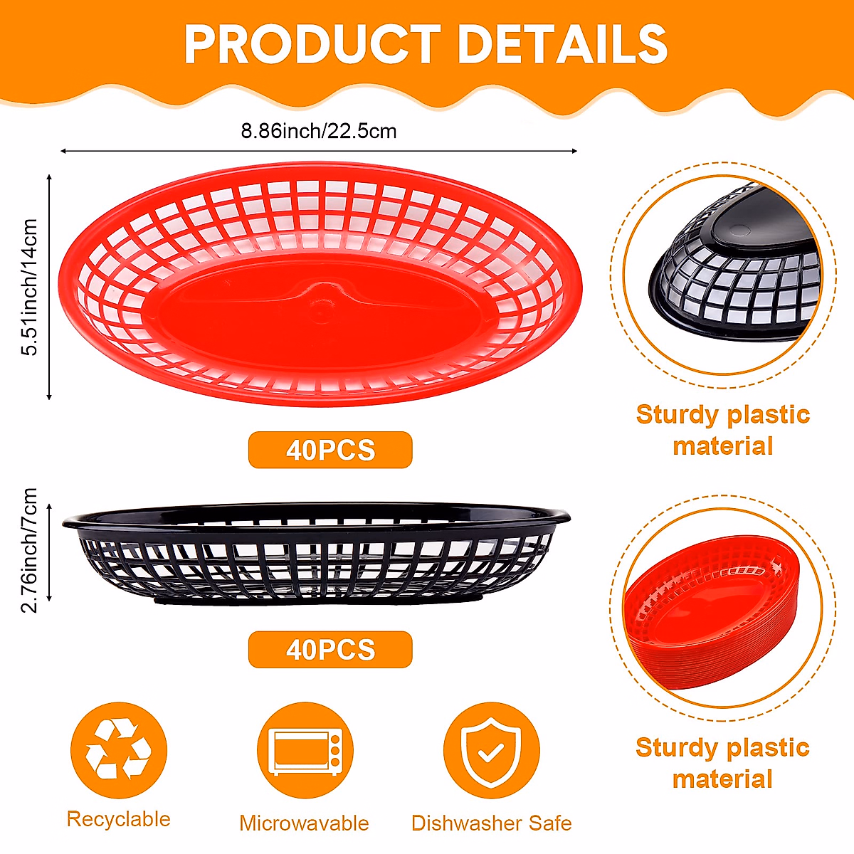 Potchen 80 Pcs Plastic Fast Food Basket with 200 Liners for Serving Hot Dog Baskets and Liners for Summer Birthday Party Serving Baskets Food Paper for Food Hot Dog