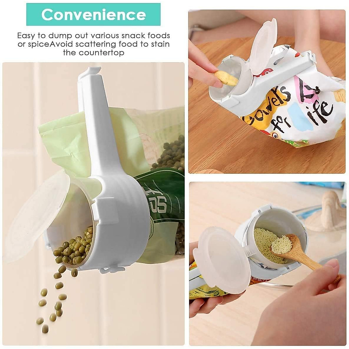 Kitchen Chip Bag Clips with Pour Spouts - 4 PCS Plastic Cap Sealer Clips for Food Storage