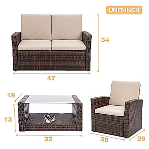 4 Pieces Patio Conversation Set, Outdoor PE Rattan Wicker Sofa Furniture Set with Soft Cushions and Glass Coffee Table for Backyard Lawn Garden Balcony Porch