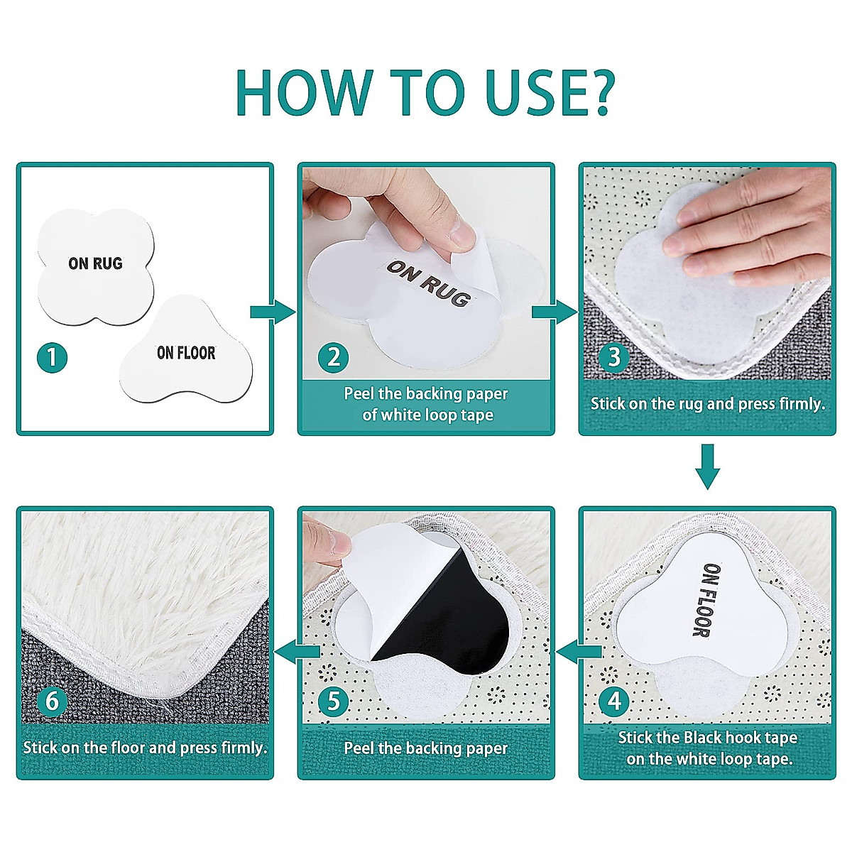 Large Size Grippers, Non Slip Washable Rug Tape Grip Carpet Corner, Hook and Loop Pads Non Curl Reusable Stoppers Keep Your Area Rug Flat on Hardwood Floors and Tiles (16)