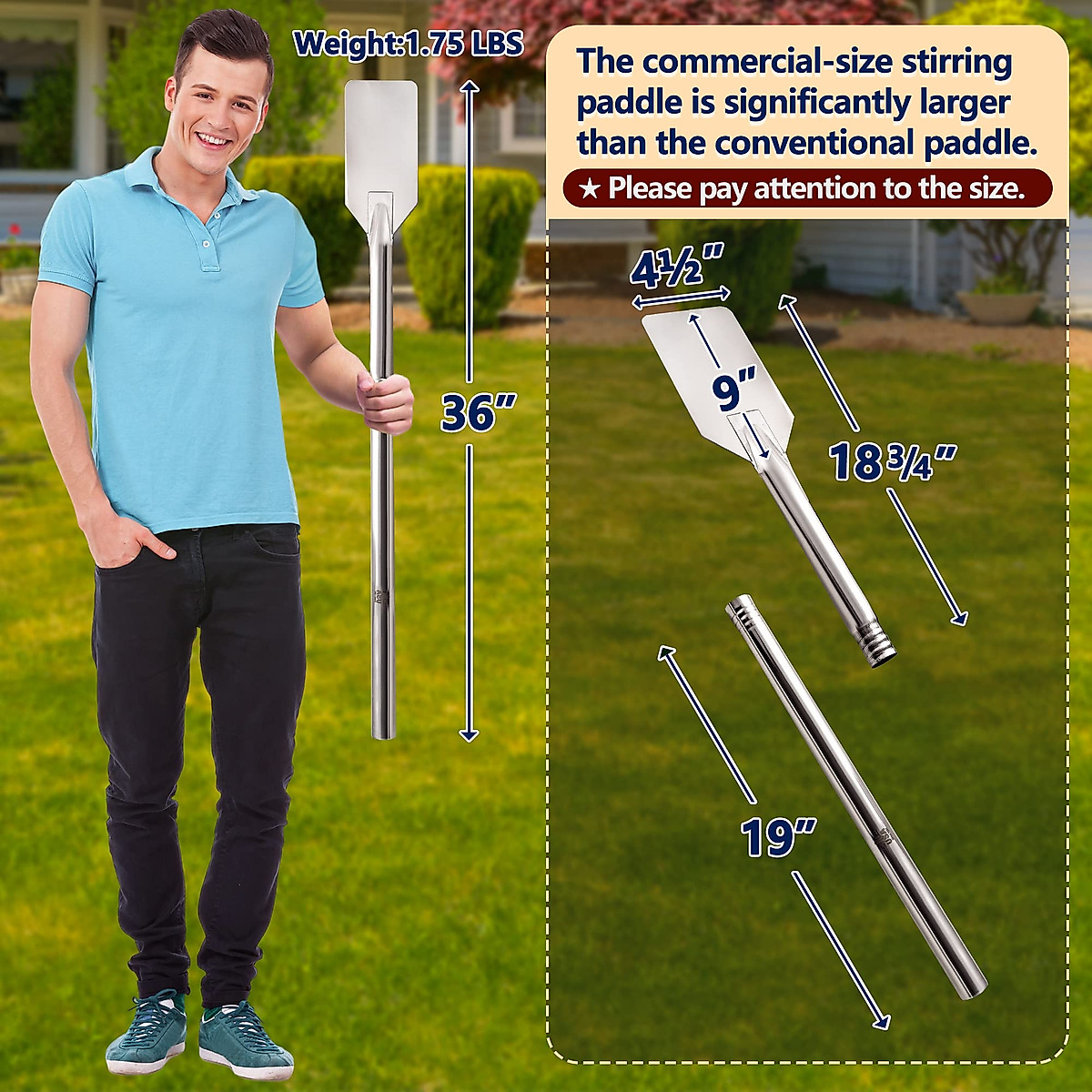 ARC WS090 36 Inch Stainless Steel Mixing Paddle with Threads Removable Handle Long Stir Paddle for Large Batch Cooking Crawfish Boil and Brewing Beer