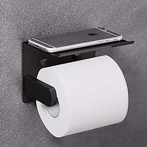 VAEHOLD Self Adhesive Toilet Paper Holder with Phone Shelf Stainless Steel Wall Mounted Toilet Paper Roll Holder - Rustproof and Bathroom Washroom Tissue Roll Holder with Shelf - Black