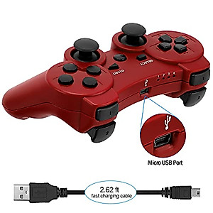 Ceozon PS3 Controller Six-Axis Dual Vibration Wireless Gamepad for Play-Station 3 Controller with Charging Cords 2 Pack Black + Red