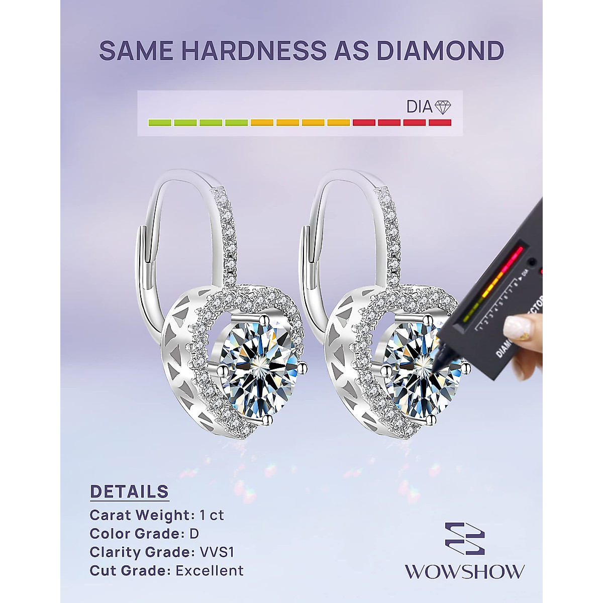 wowshow Moissanite Earrings 925 Sterling Silver Dangle Earrings 2ct Moissanite Drop Earrings White Gold Plated Leverback Diamond Earrings for Women Birthday Mothers Day Gifts