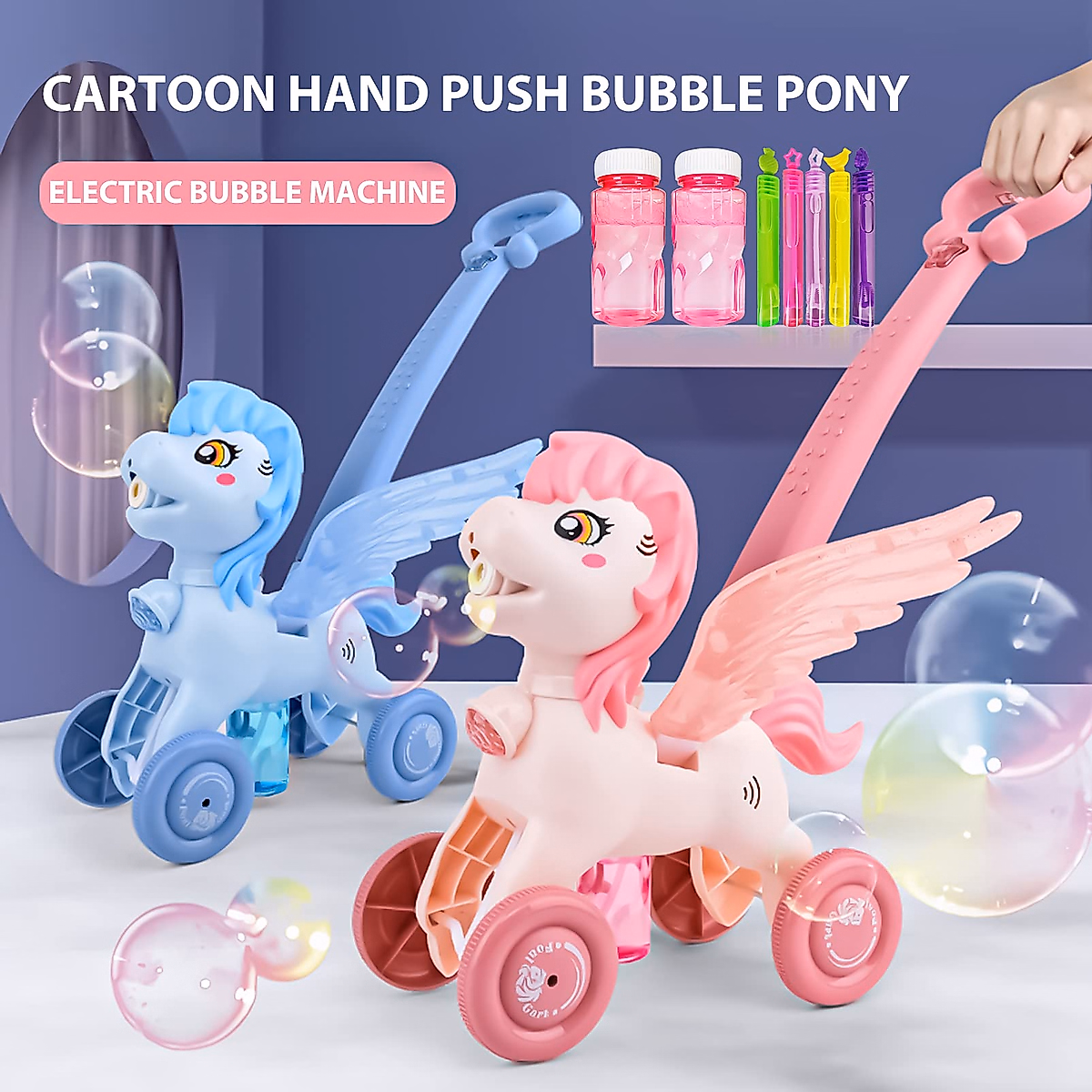 Pink Bubble Machine Blower Maker Lawn Mower Walking Toy Christmas Basket Stuffers Outdoor Summer Girls Kids Toddler 1st Birthday Best Gift for 1 2 3 Year Old Unique Cute Valentines Day Unicorn Gifts