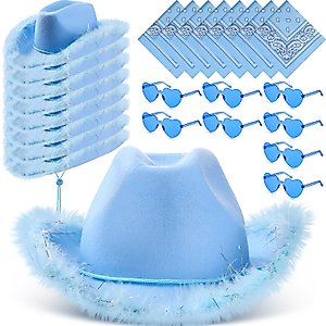 24 Pack Cowgirl Hats with Paisley Bandana and Heart Glasses Set, Fluffy Feather Boa Cowgirl Hats Cowboy Hats for Party (Light Blue)