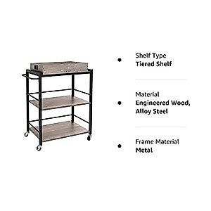 VASAGLE Industrial Bar Cart for The Home, Serving Cart with Wheels and Handle, 3-Tier Beverage Cart with Removable Tray and Storage Shelves for Living Room Kitchen, Greige and Black ULRC072B02
