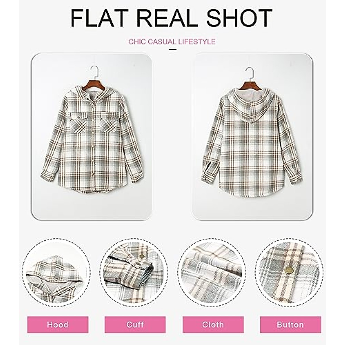 Dokotoo Womens Casual Jackets Winter Warm Thick Fleece Lined Plaid Hooded Jacket Teddy Bear Button Down Sherpa Fluffy Long Sleeve Shacket Flannel Shirts Cute Fall Coat Outwear with Pockets Gray Large